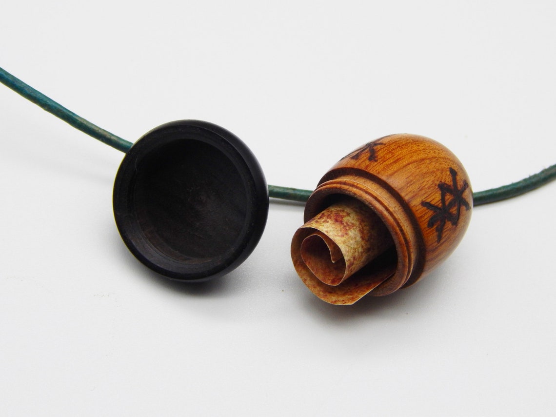 Wooden Acorn Locket Pendant, Ogham Oak Symbol, Runes, Adjustable Cord ...