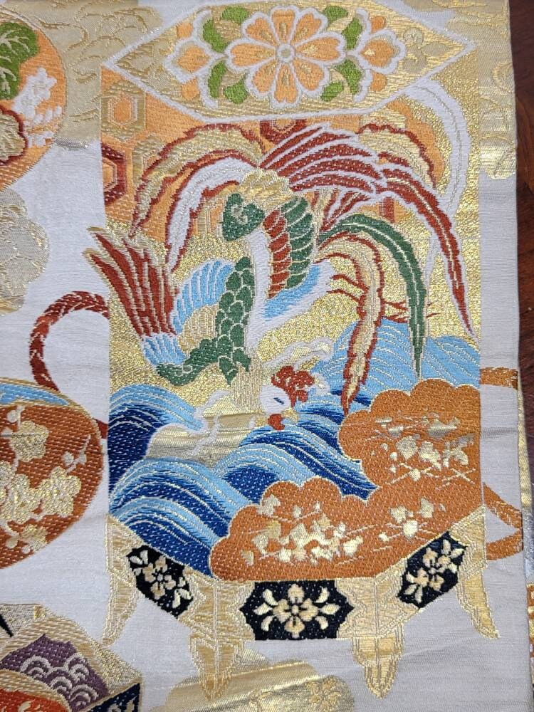 Japanese Vintage Kimono Maru Obi Wedding Silk Hawks Floral Gold US Seller - Etsy
