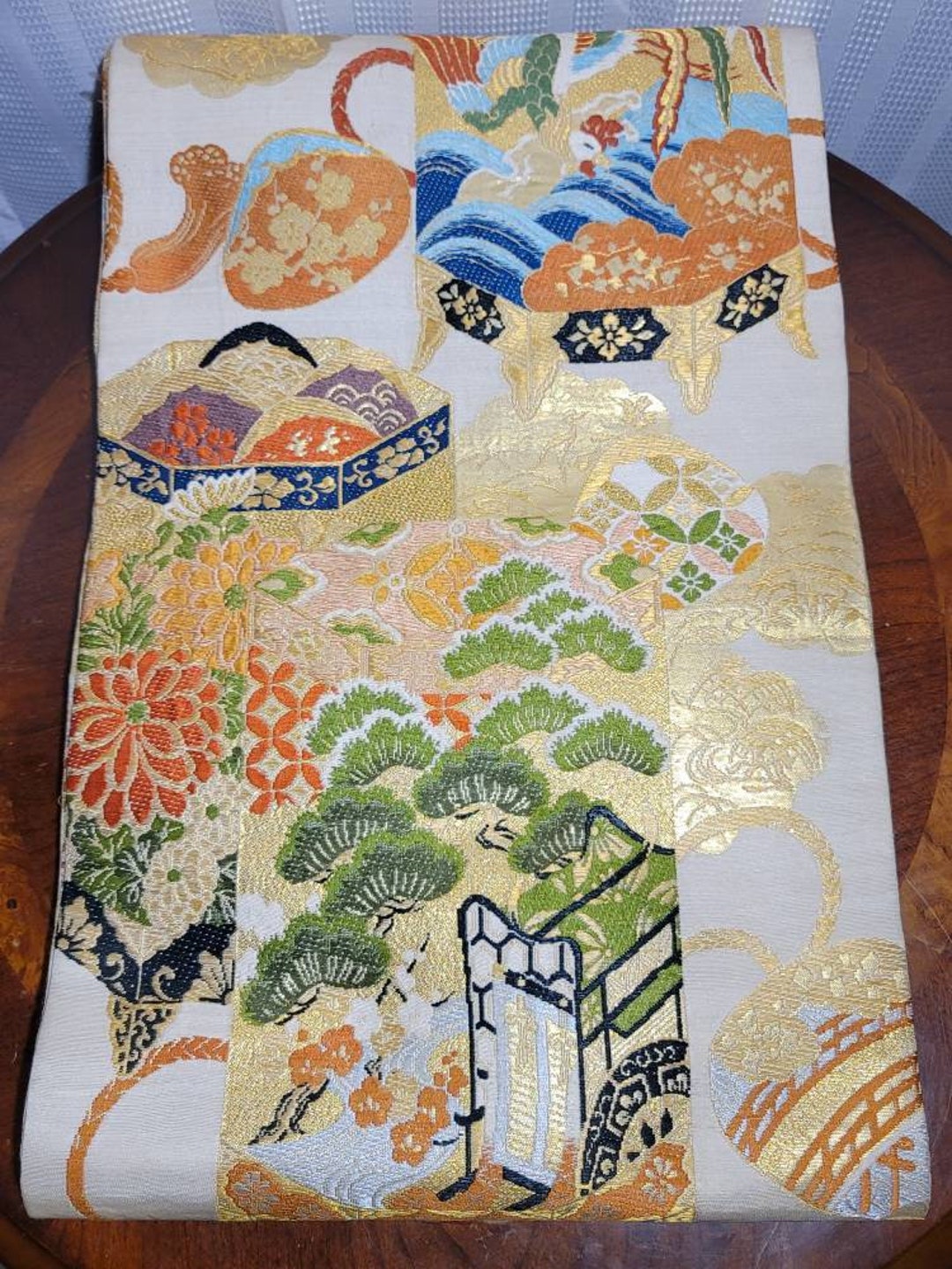 Japanese Vintage Kimono Maru Obi Wedding Silk Hawks Floral Gold US Seller - Etsy