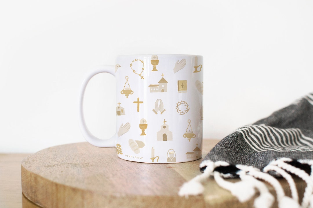Catholic Mug Hand-drawn Church Icons - Coffee Tea Cup, Birthday ...