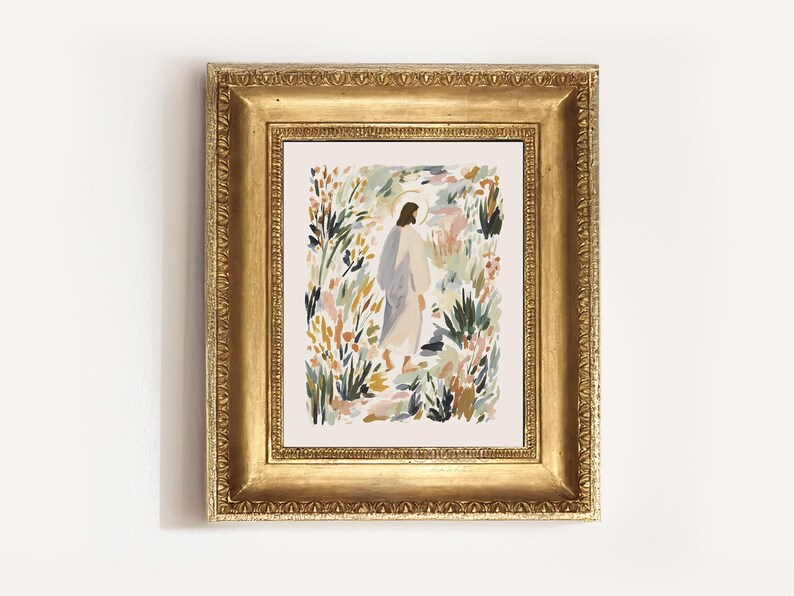 Jesus Walking Artful Painting Flower Field Artwork Subtle Christian ...