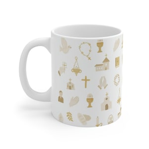 Catholic Mug Hand-drawn Church Icons - Coffee Tea Cup, Birthday ...