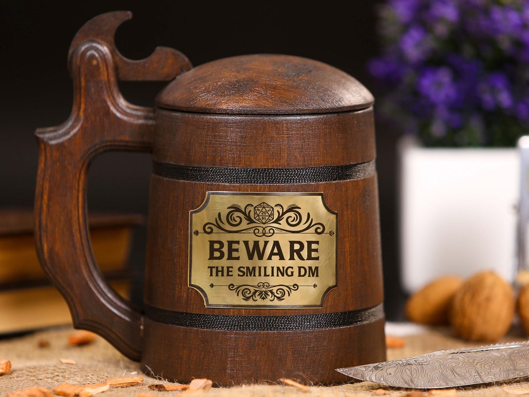Dungeon Master Wood Mug With Lid, Beware the Smiling Dm, Dnd Wood Beer ...