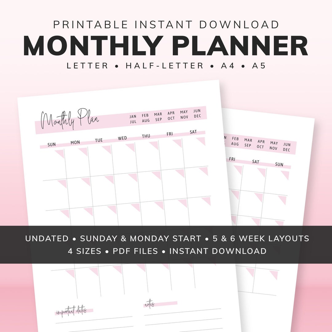 Monthly Planner Printable Pages • Monthly Layout 1 in Pink • Undated ...