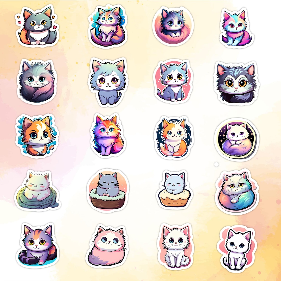 Cute Cat Sticker Set Variety Pack, Assorted Cat Stickers Pack of 20 ...