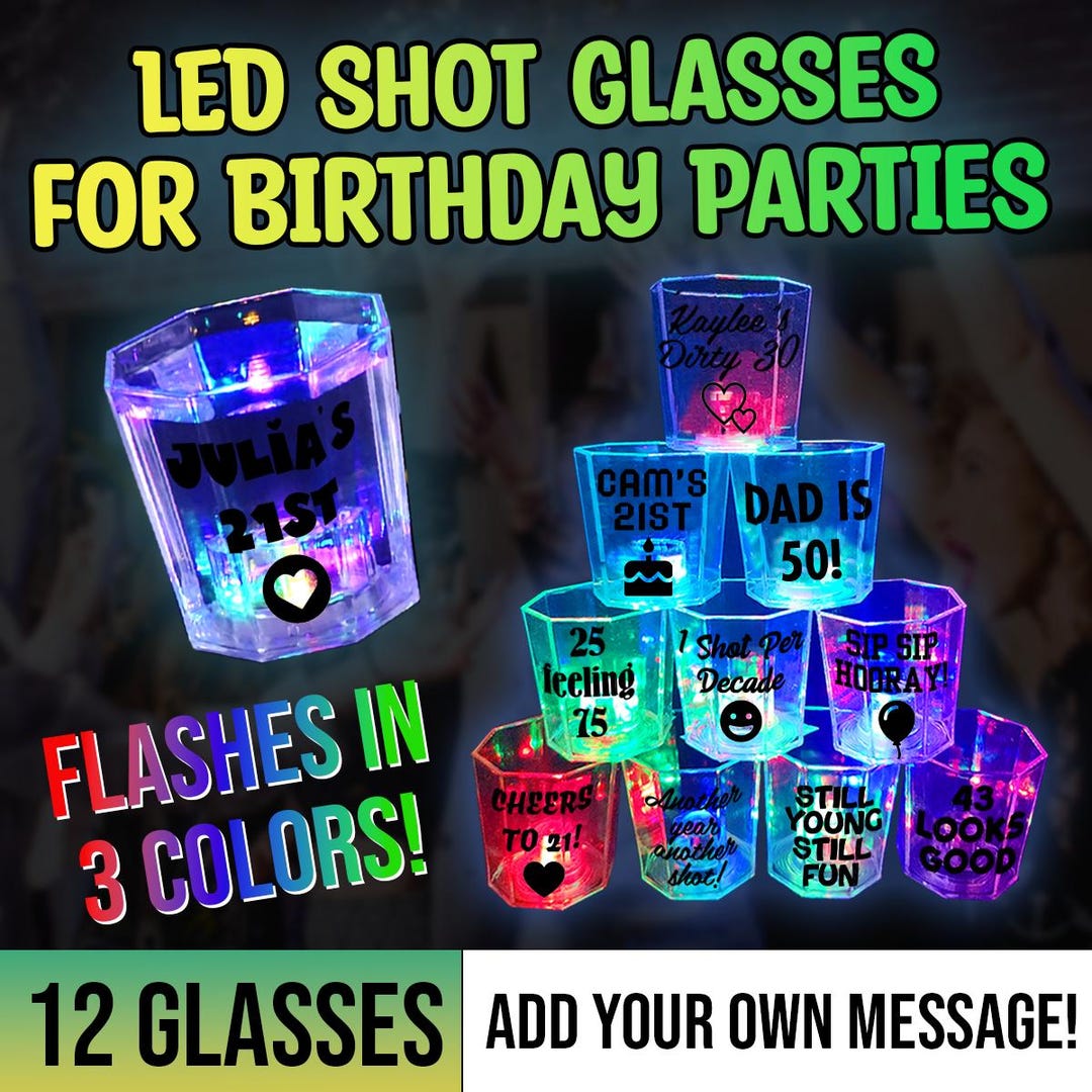 12 Personalized LED Shot Glasses, Custom Light up Birthday Party Favors ...
