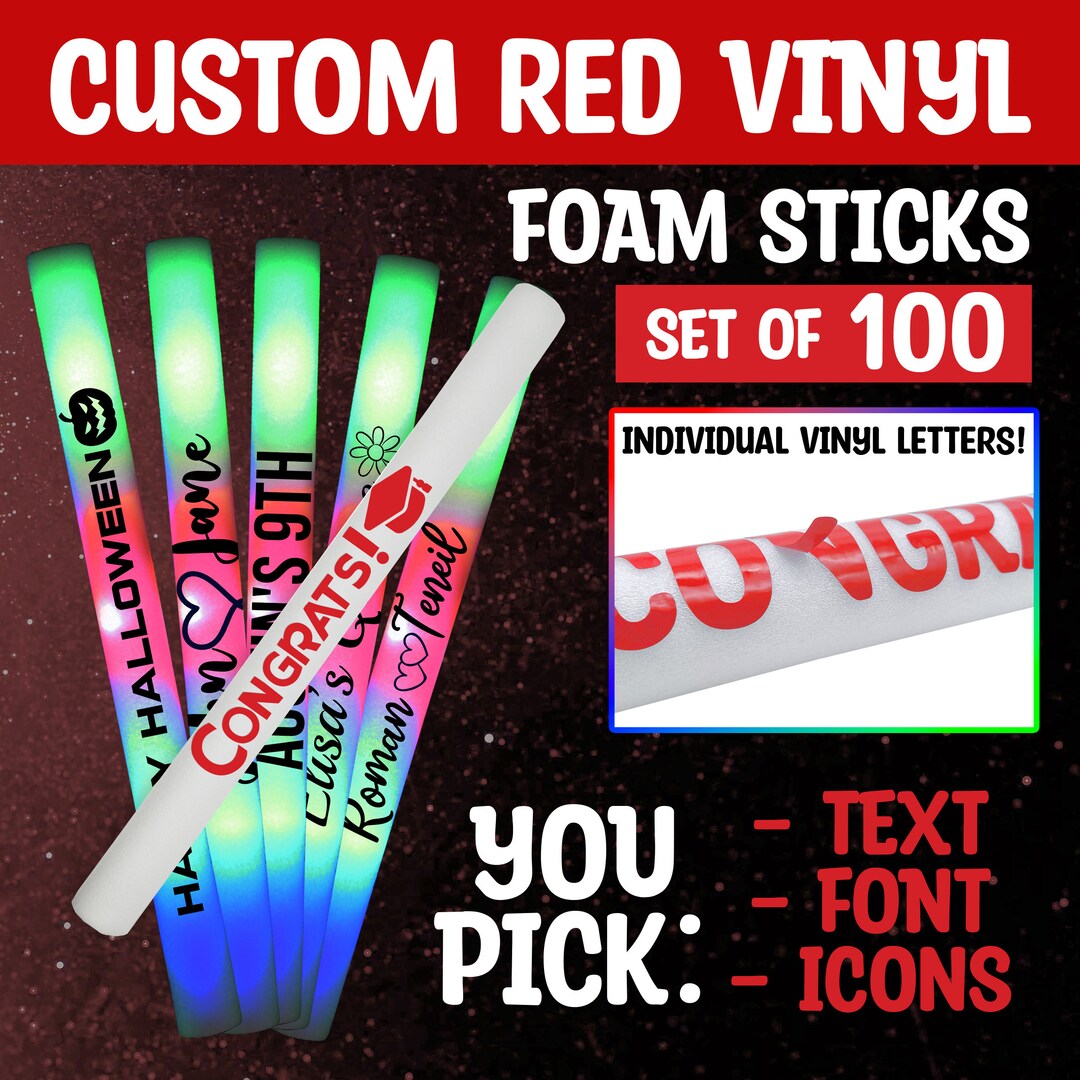 LED Foam Glow Sticks Pack of 100 Red Vinyl Lettering Multi-color 16 ...