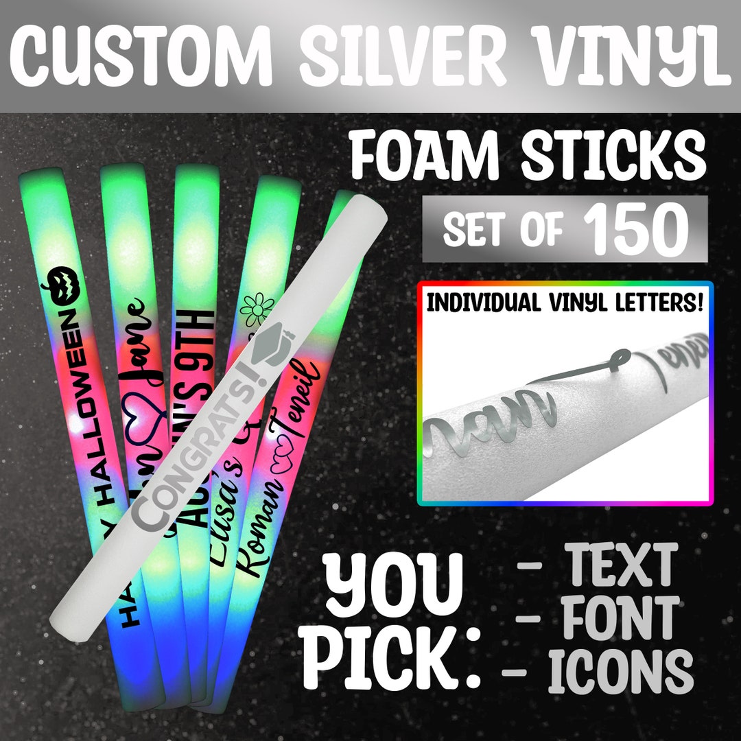 Custom LED Foam Glow Sticks With Silver Vinyl Lettering - Pack of 150 ...