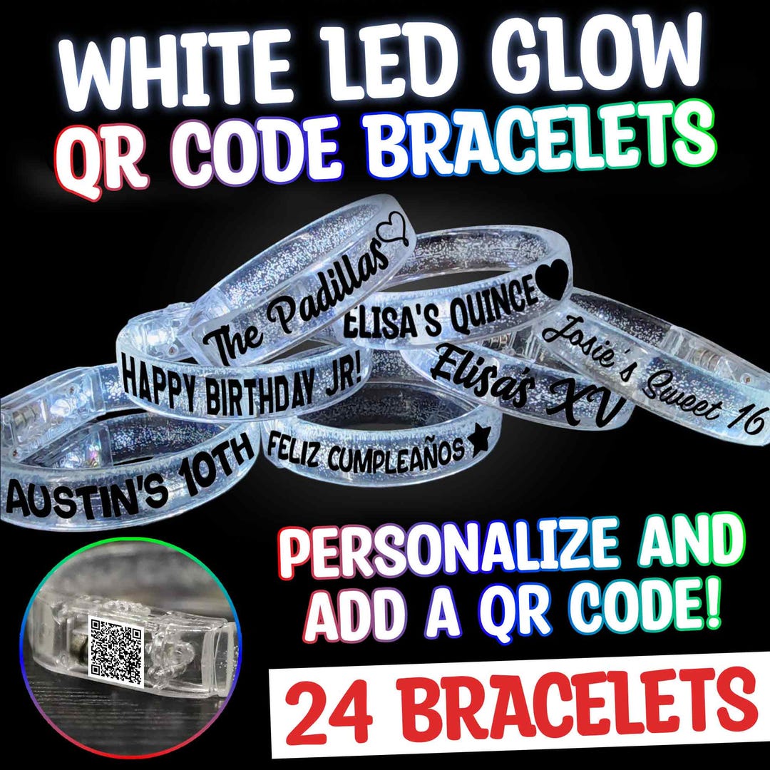 Personalized QR Code Light up Bracelets, 24 Pcs White LED Glow Party ...