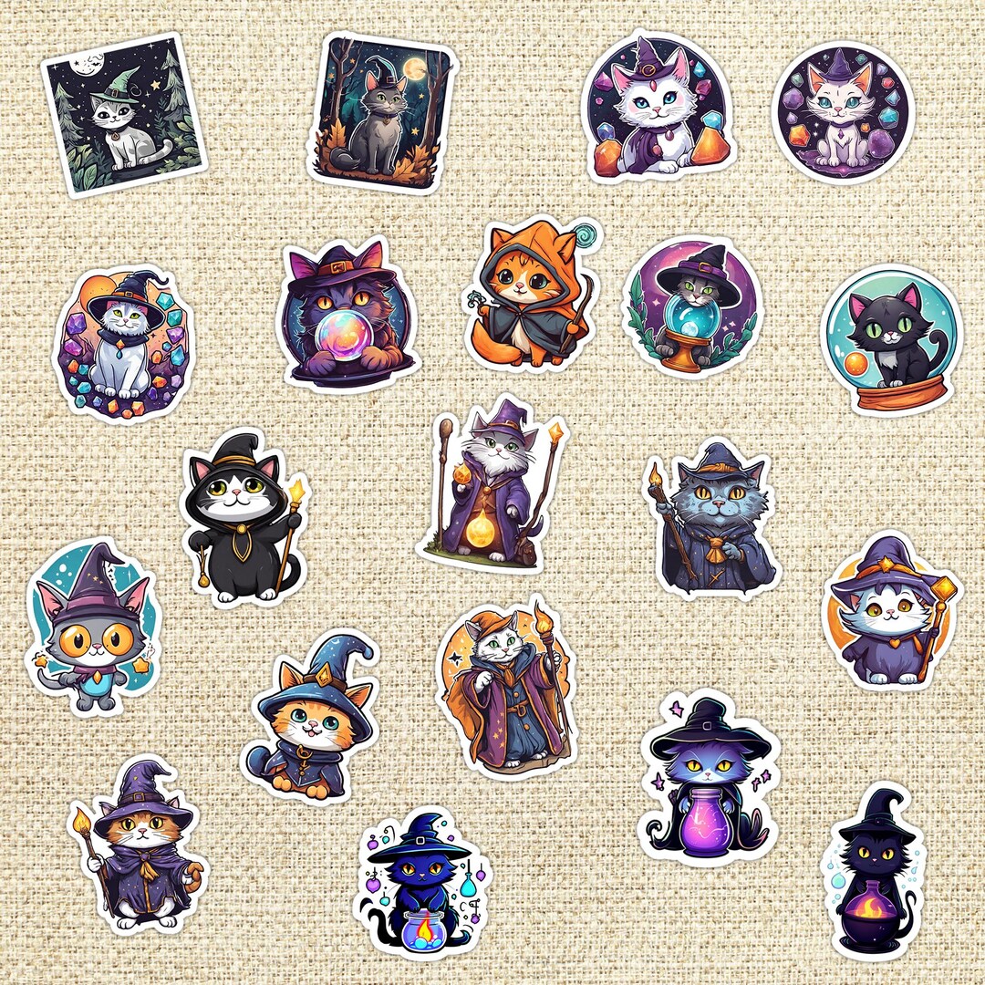 Cute Wizard Cat Sticker Variety Pack, Assorted Cats Stickers Pack of 20 ...