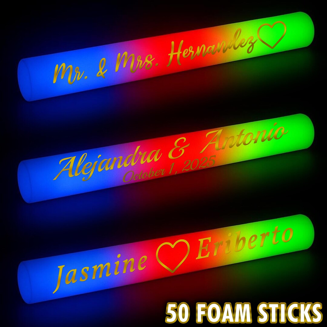 50 Personalized LED Foam Glow Sticks, Wedding Party Favors - Etsy