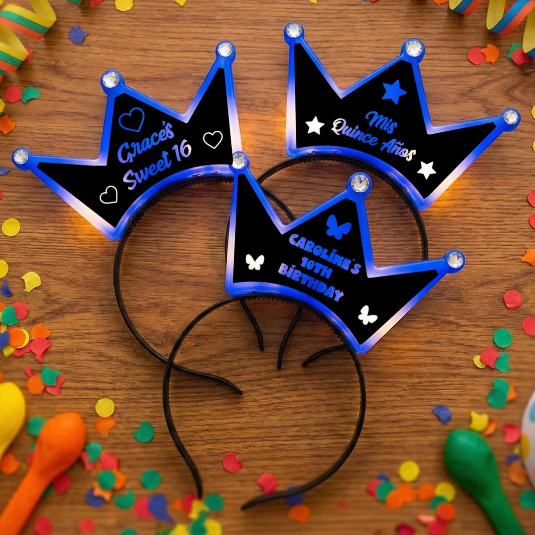 10 Personalized LED Light up Crown, Blue Glowing Birthday Party Favors ...