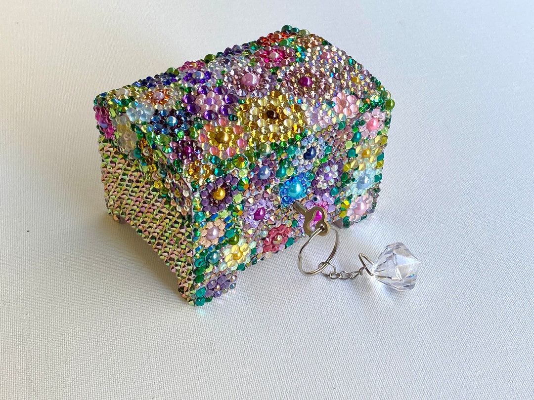 Floral Mosaic Treasure Chest With Lock and Key / Small Bedazzled Pastel ...