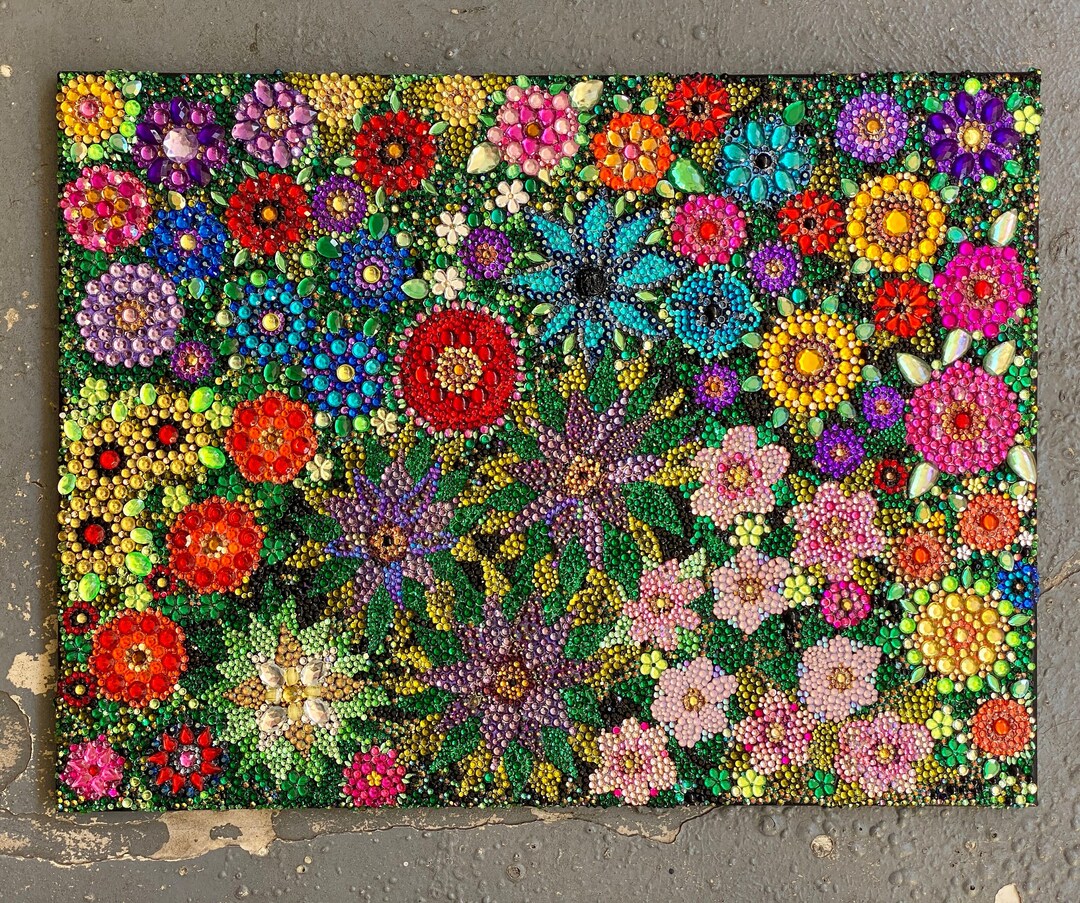 Tropical Flower Wall / Bedazzled Mosaic Over Painting on Stretched 18 ...