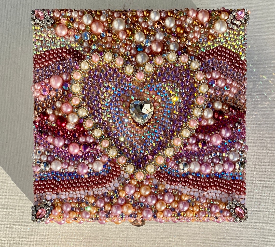 Bejeweled Jewelry Box/ Rose Gold, Heart , Pearls /large Mosaic Jewelry ...