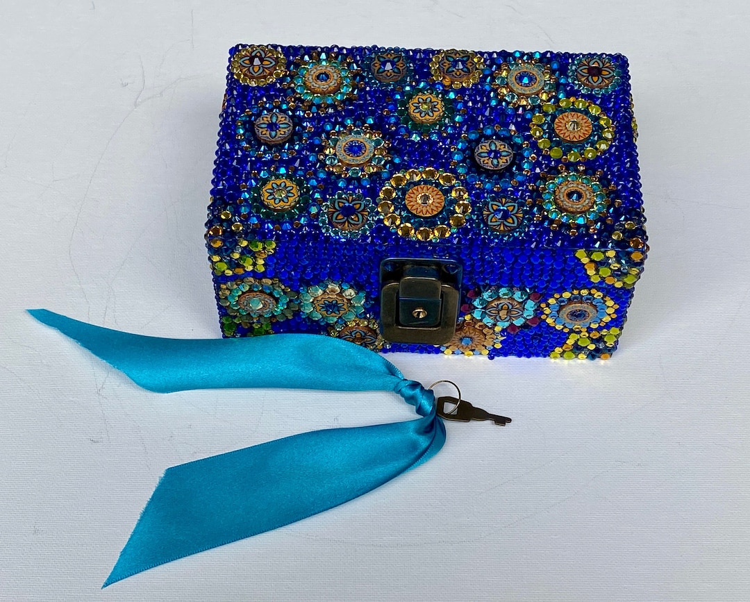 Blue Mandala Mosaic Lock Box / Bedazzled Wood Box, Lock Key / Blue ...