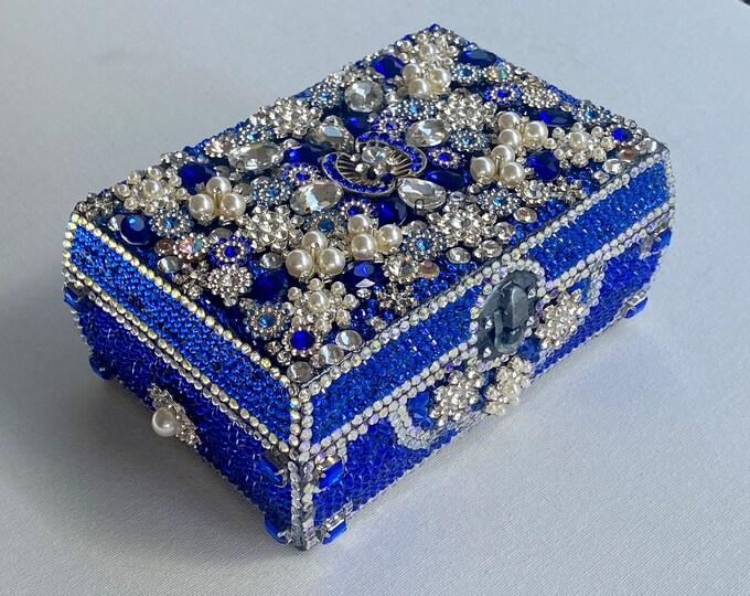Blue White and Silver Bejeweled Jewelry Box / Hand Made, One of a Kind ...
