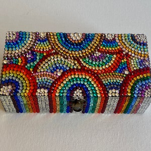 Rainbow Bedazzled Wood Keepsake Box / Glass Crystal Rhinestone Mosaic ...