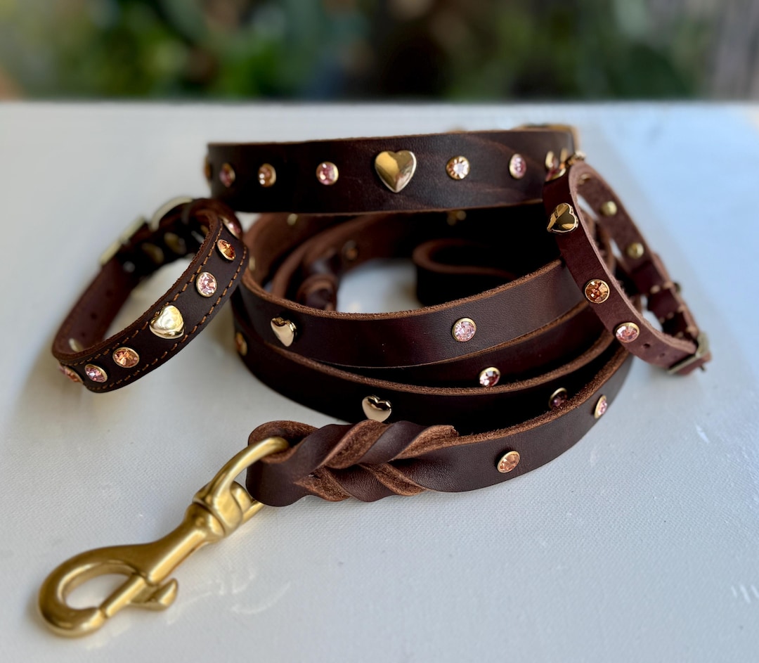 Bling Dog Collar + Leash Set: Pink, Peach Rhinestones, Gold Hearts ...
