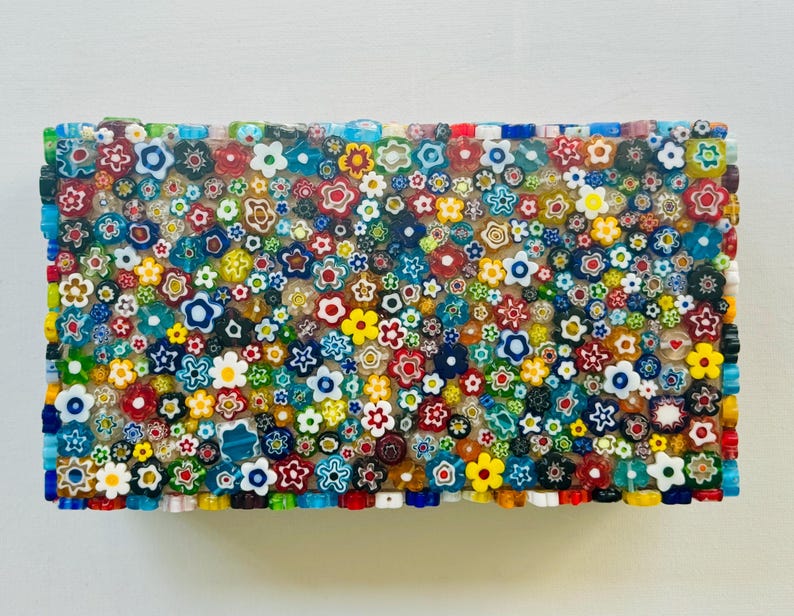 Millefiori Mosaic Keepsake Box: Murano Style Glass Flower Beads, Resin ...