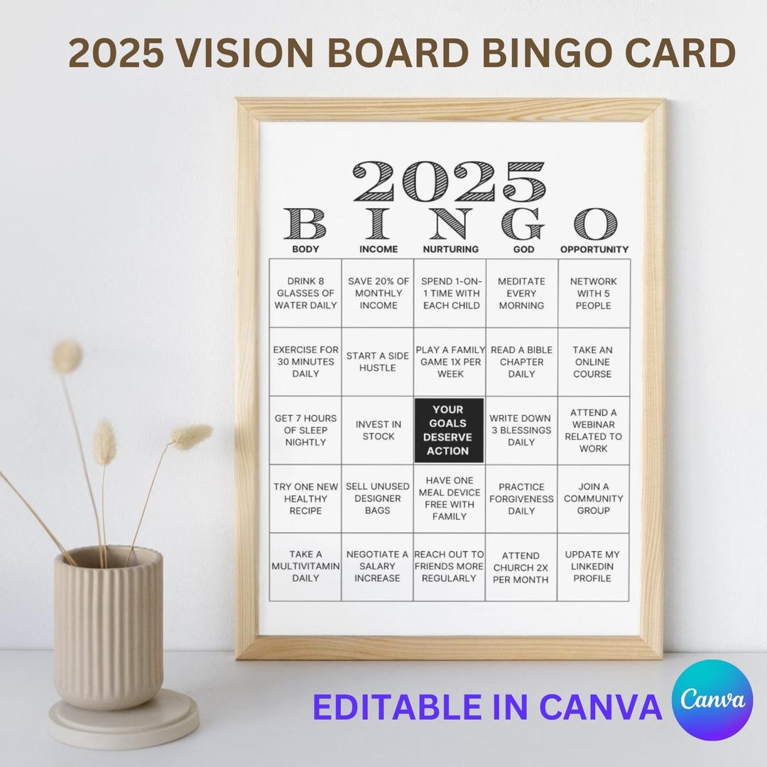 2025 Printable Vision Board Bingo Card, New Year Bingo, 2025 New Year ...