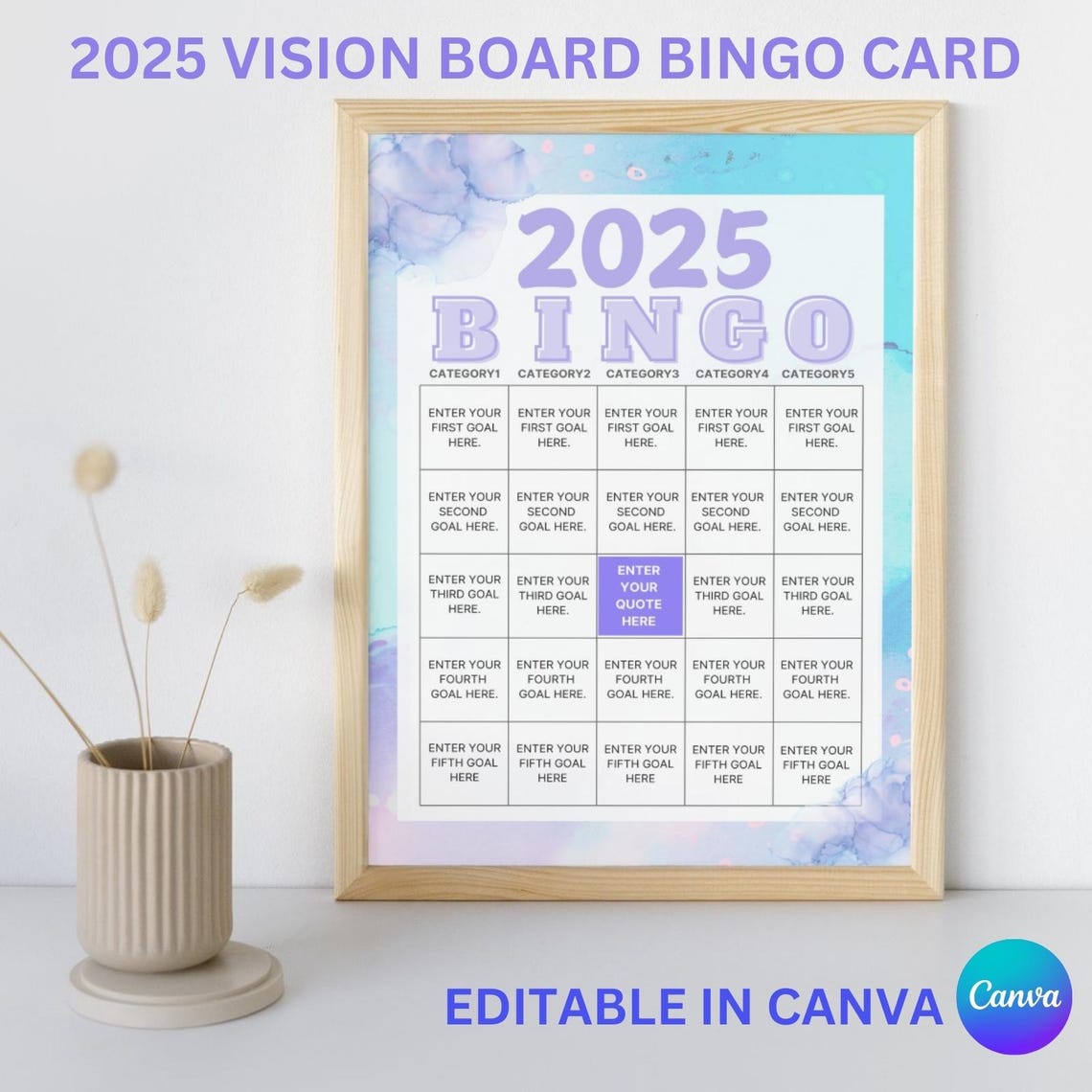 2025 Printable Watercolor Vision Board Bingo Card Template, New Year ...