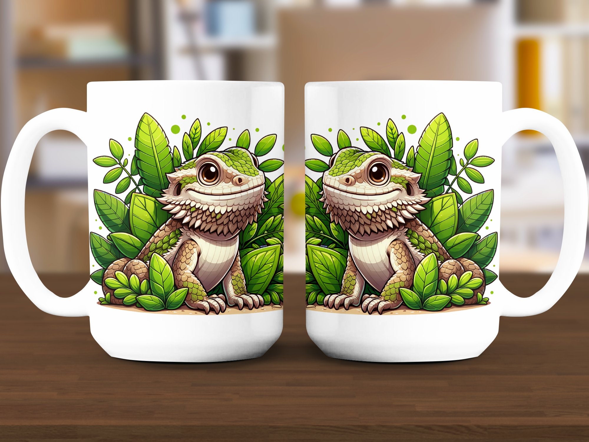 Bearded Dragon Lizard Cartoon Mug, Tropical Leaves Graphic Coffee Cup ...