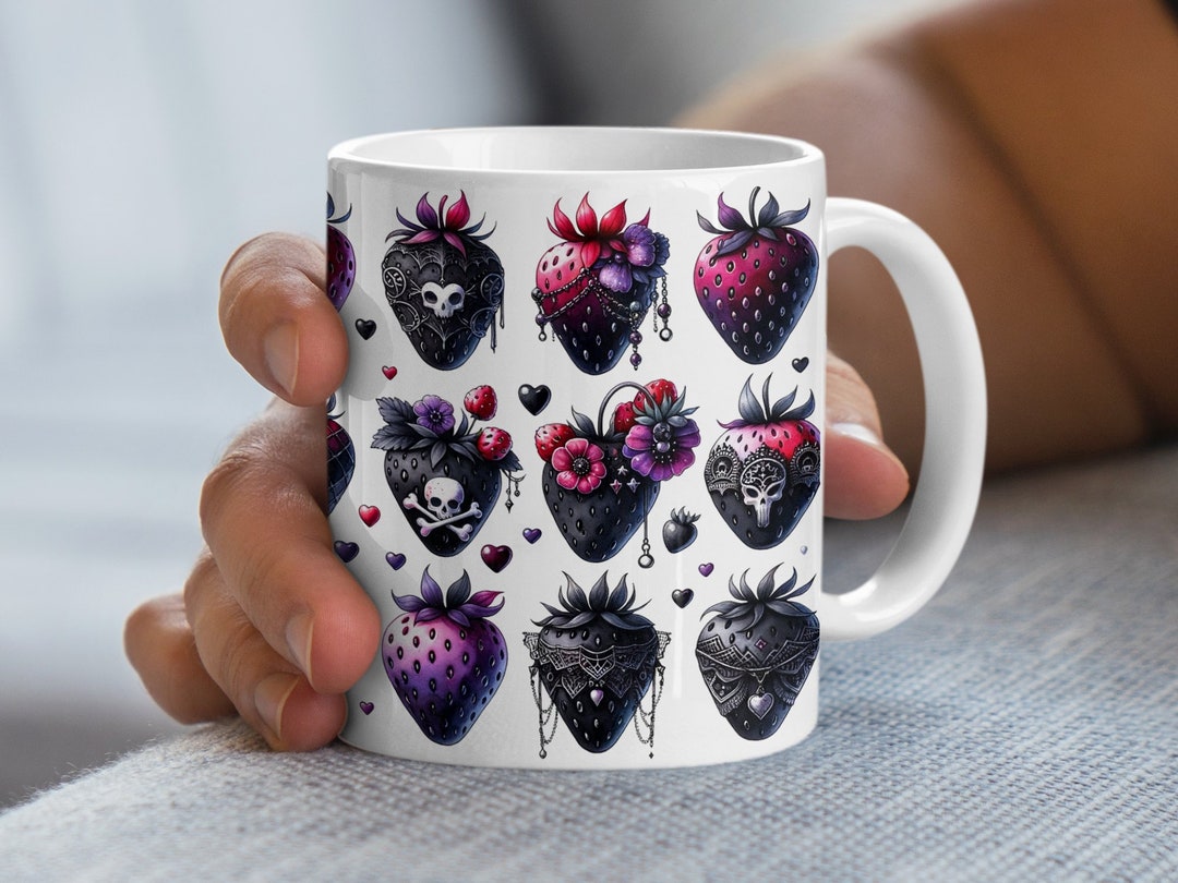Gothic Strawberry Mug, Dark Aesthetic Fruit Design, Unique Skull Berry ...