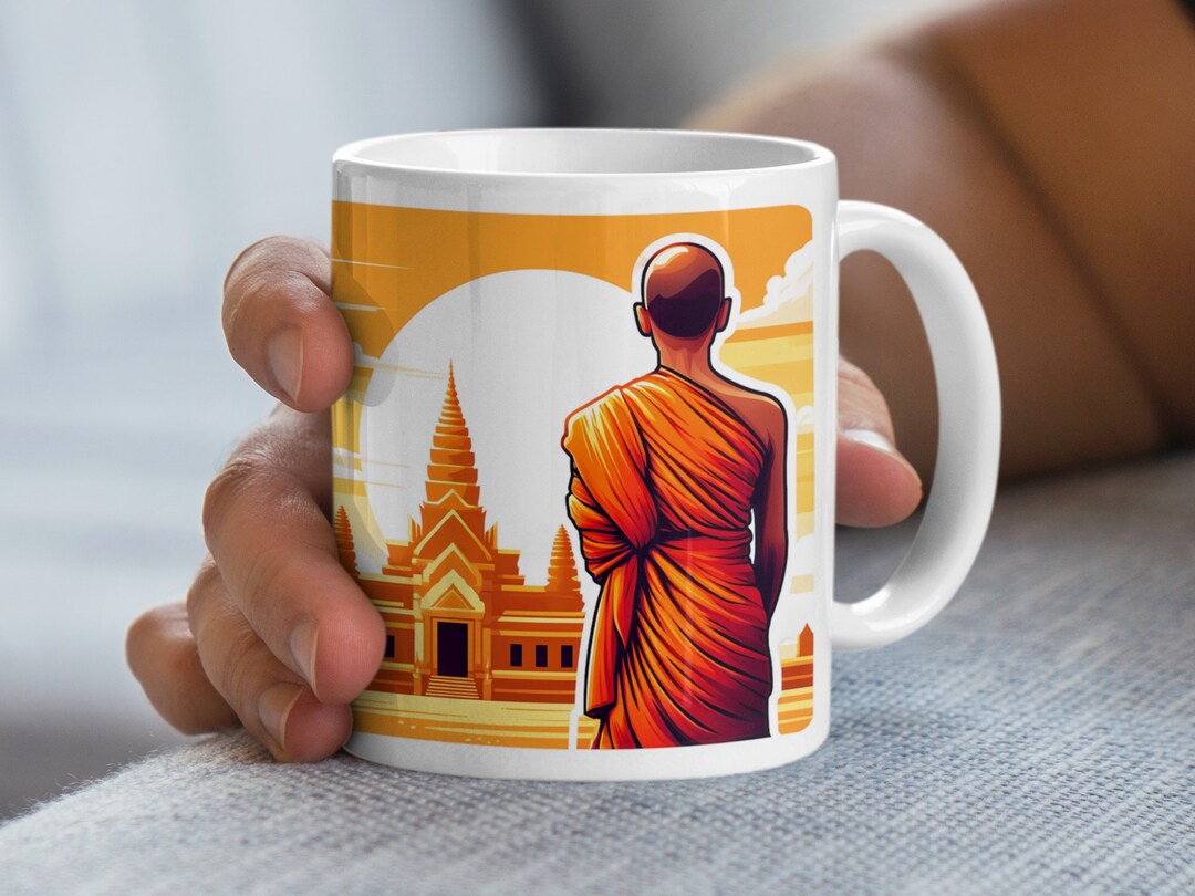 Monk and Angkor Wat Temple Design, Cambodia Mug, Unique Spiritual ...