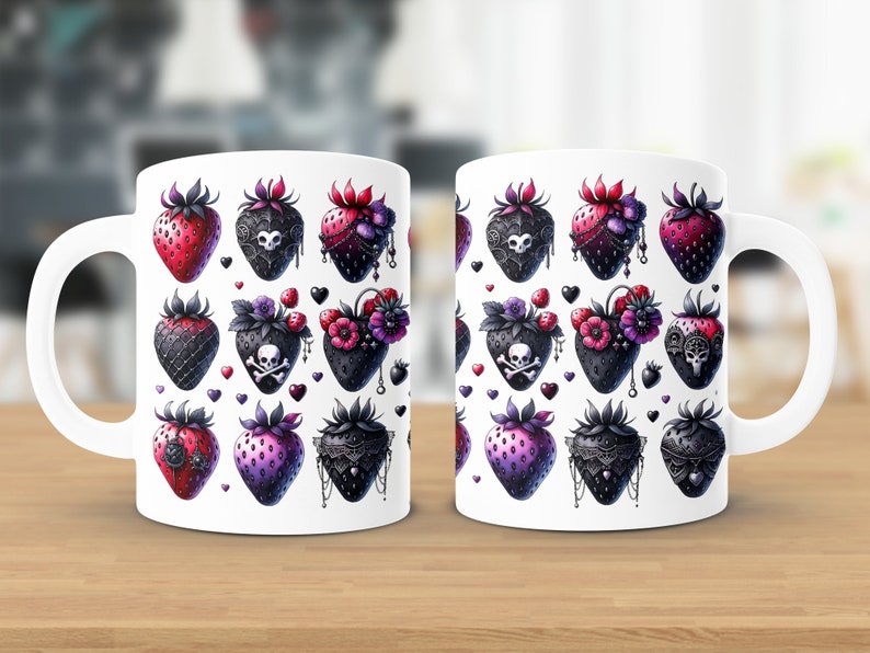 Gothic Strawberry Mug, Dark Aesthetic Fruit Design, Unique Skull Berry ...