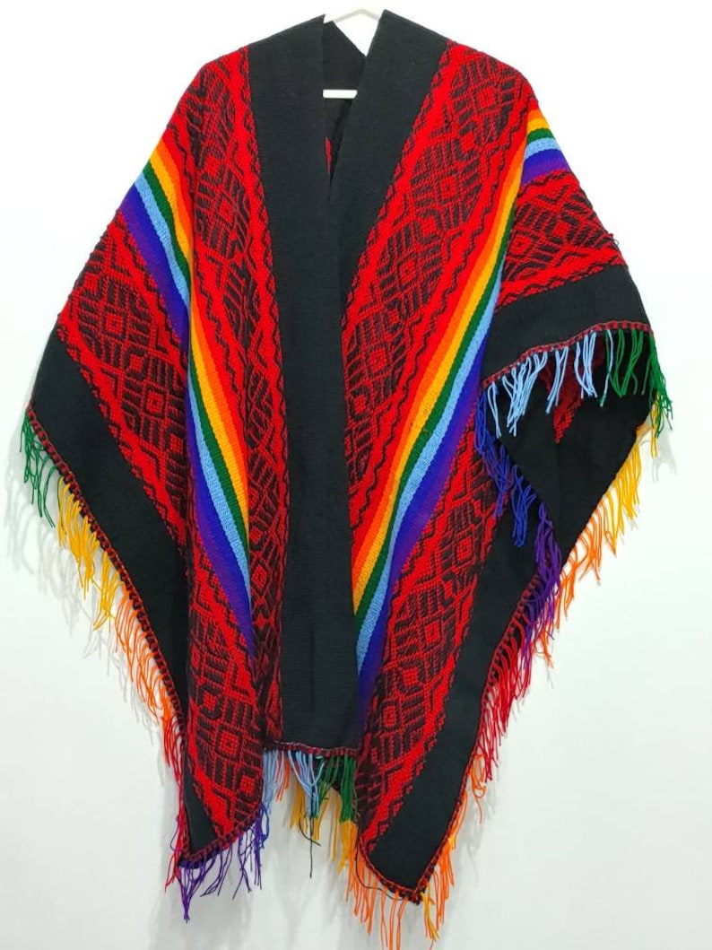 Red and Rainbow Stripes Peruvian Poncho Rustic Poncho - Etsy