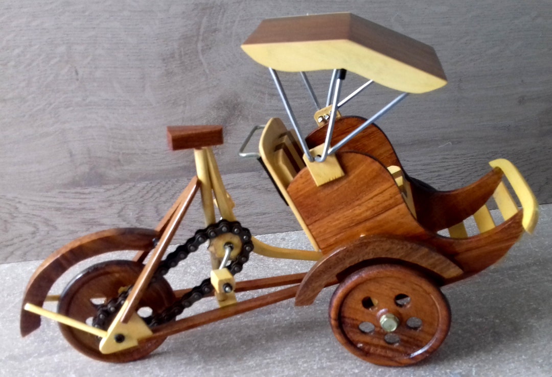 Handcrafted Wooden Rickshaw Model Asian Miniature Transportation Unique ...