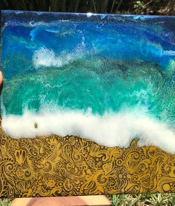 Hawaii Epoxy Resin Beach with Gold Freehand Detail | Etsy