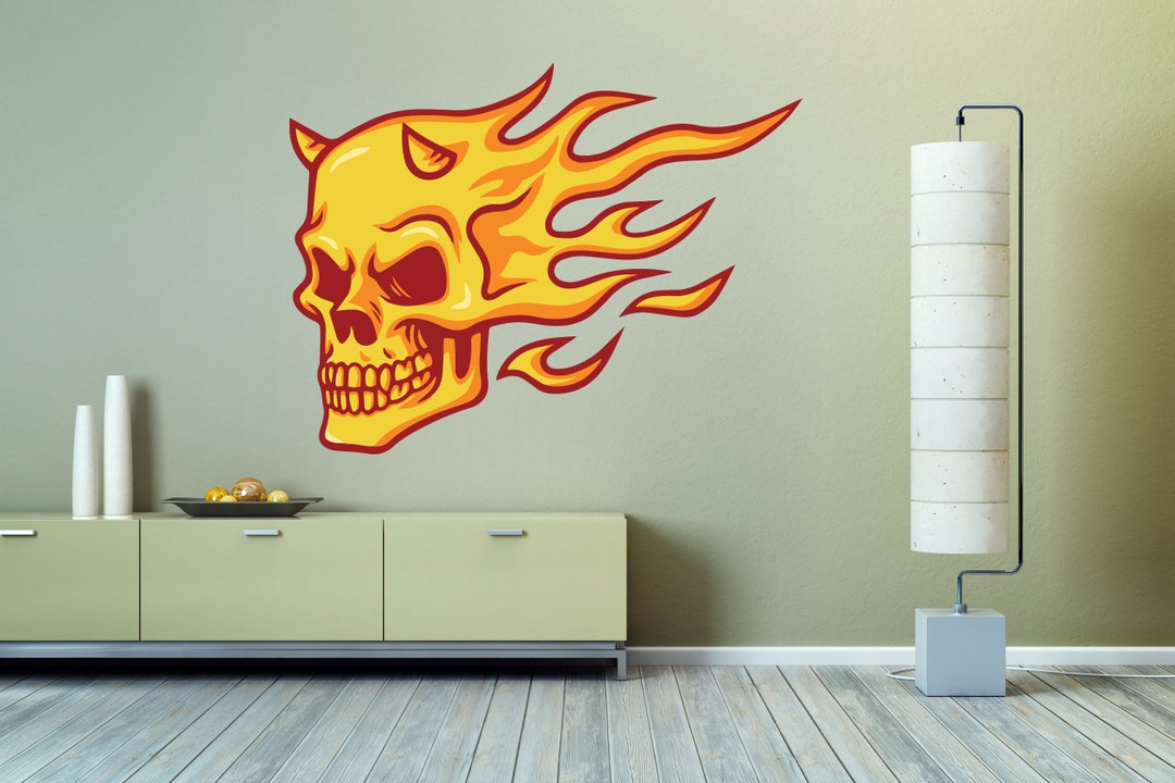 Skull Head Fire Flames Car Wall Sticker Vinyl Decal Mural Art Decor ...
