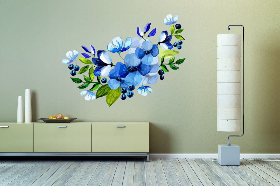 Blue Flowers Watercolor Floral Car Wall Sticker Vinyl Decal Mural Art ...
