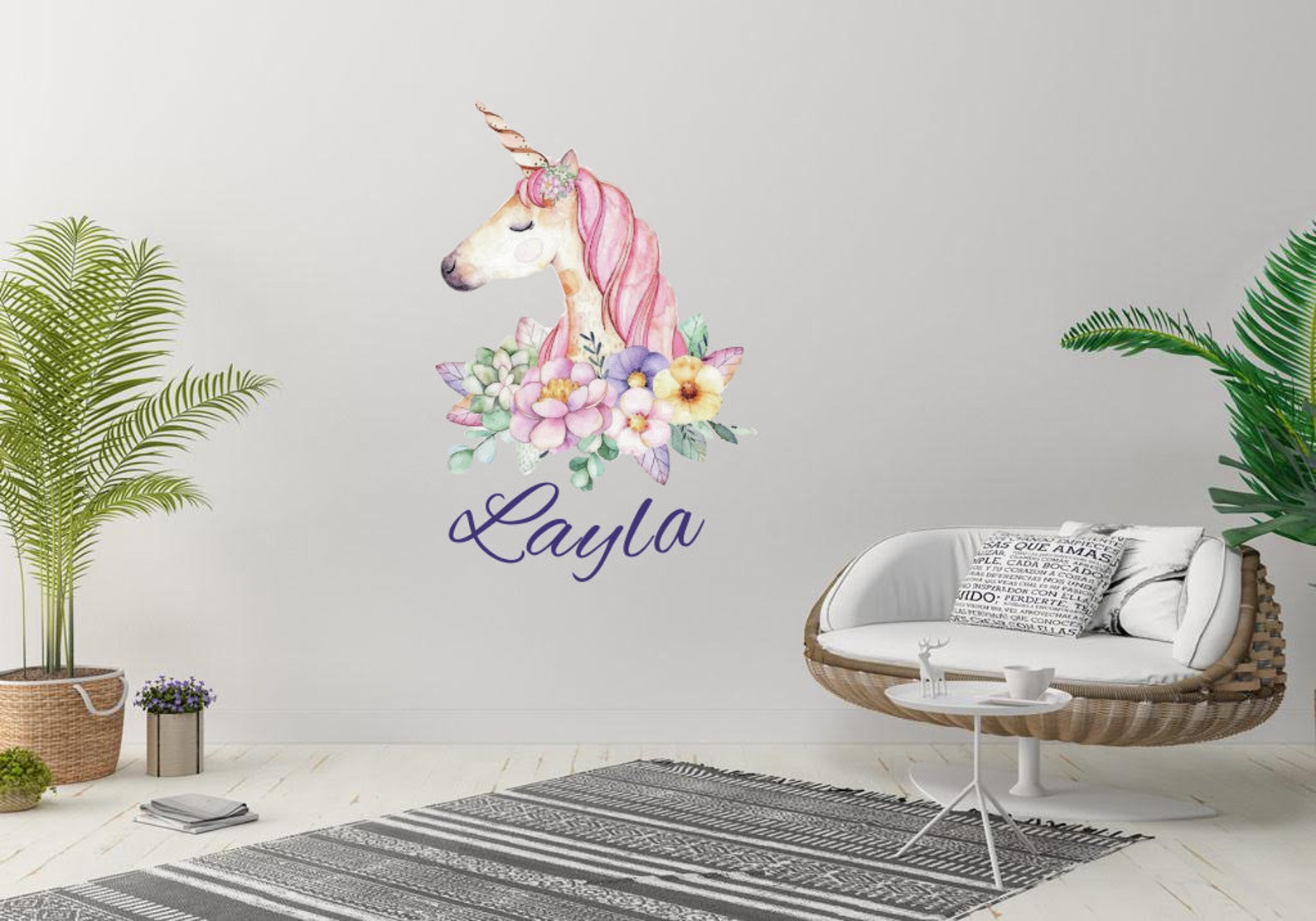 Layla Girl Name Wall Sign Flowers & Unicorn Vinyl Decal Cute | Etsy