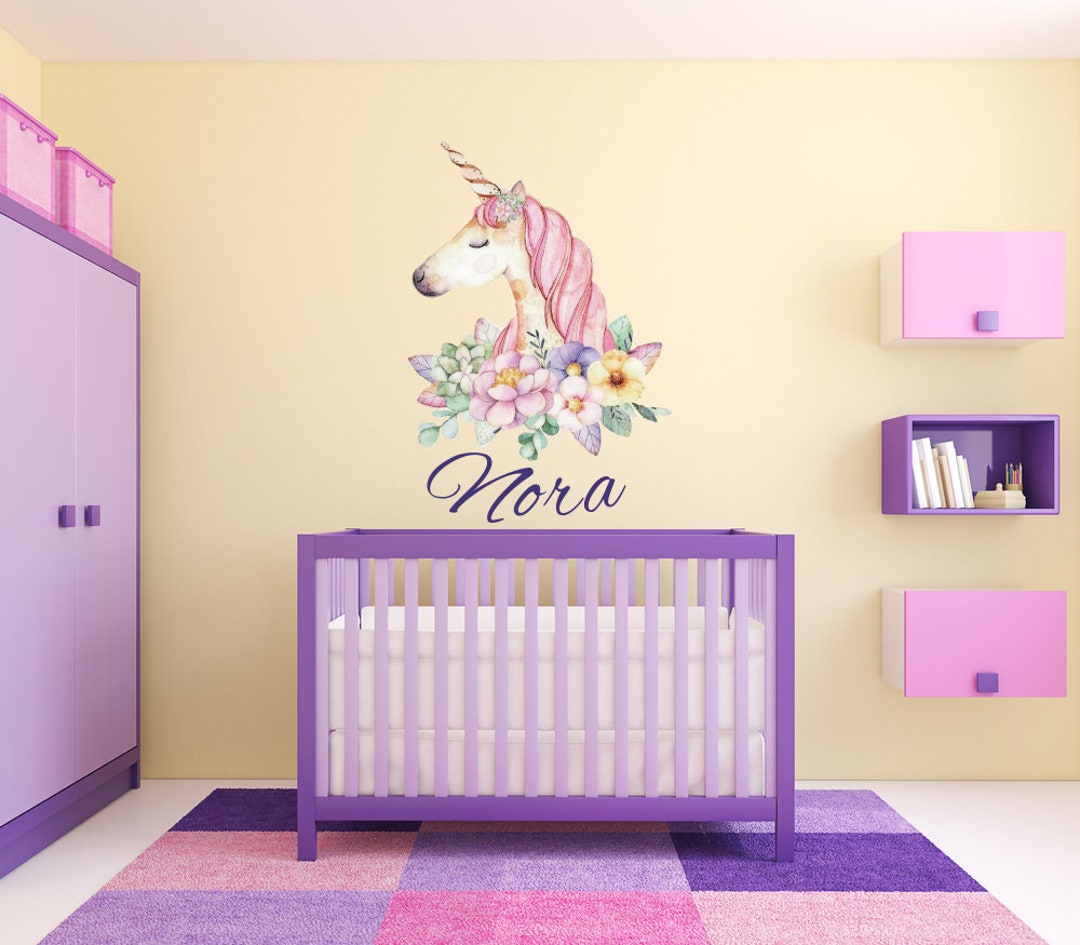 Nora Girl Name Unicorn Floral Nursery Kids Room Female Magic Animal ...