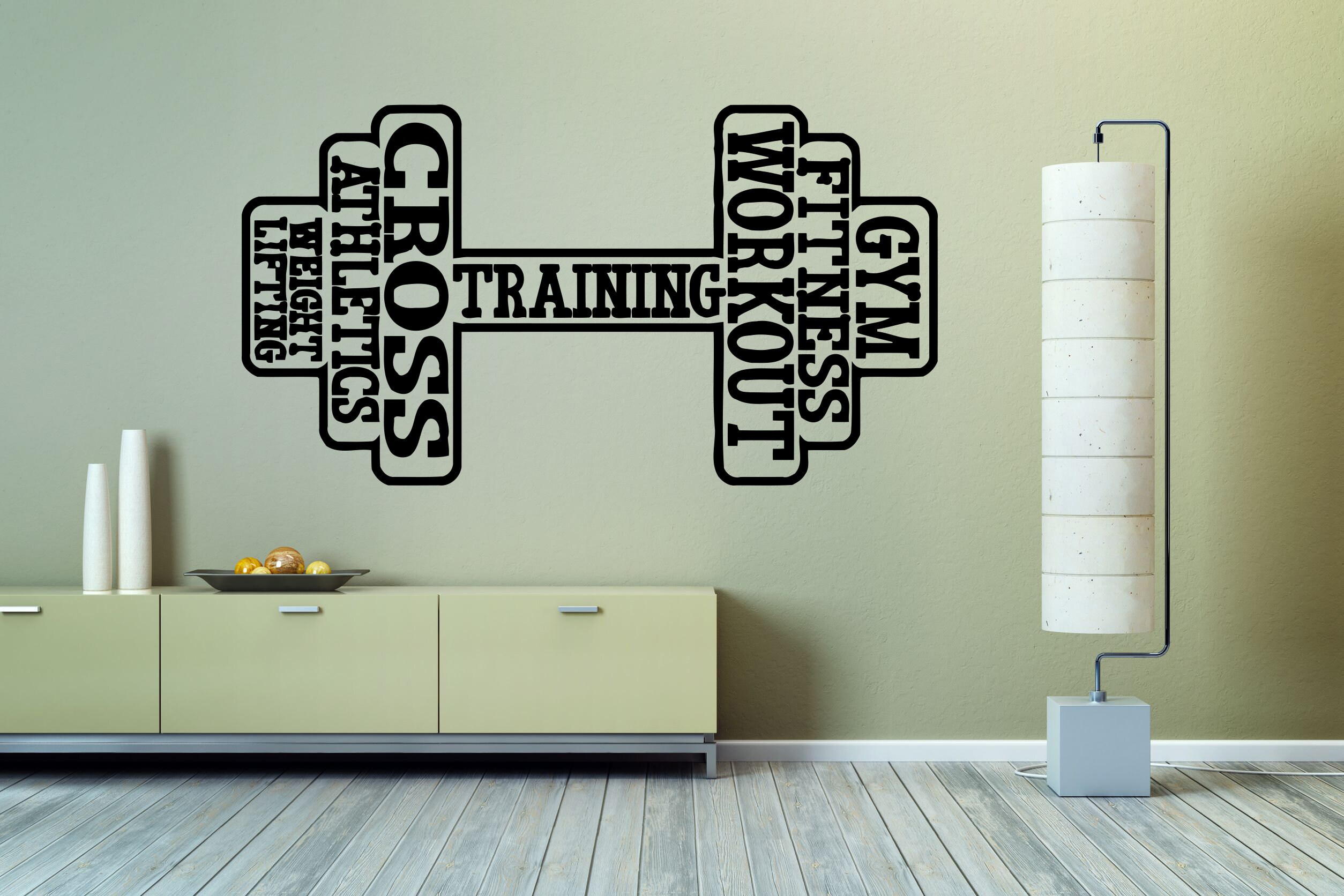 Gym Sport Workout Fitness Barbell Logo Sign Emblem Wall Sticker Vinyl ...