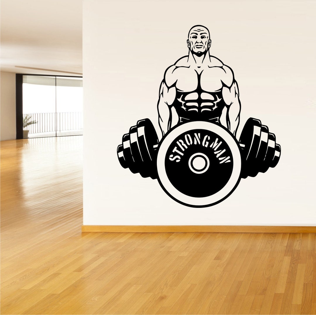 Gym Sport Workout Fitness Barbell Logo Sign Emblem Wall Sticker Vinyl ...