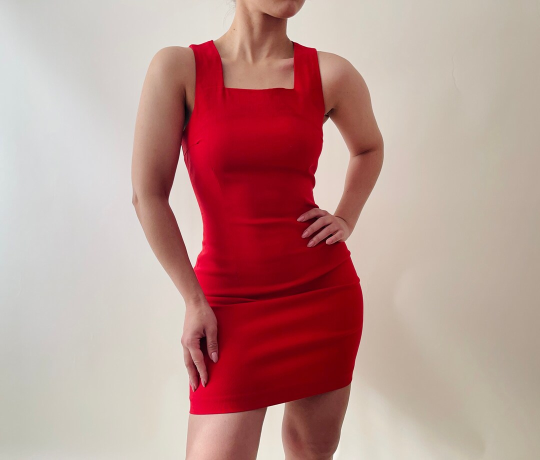 Vintage Red Mini Dress, Stretchy Dress, Square Neck - Etsy