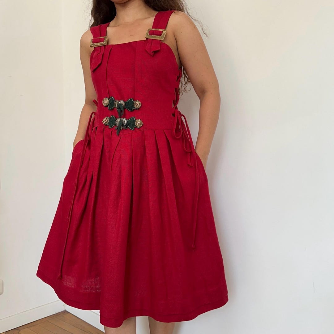Heavy Linen Red Cottagecore Dress/ Vintage Linen Dress - Etsy
