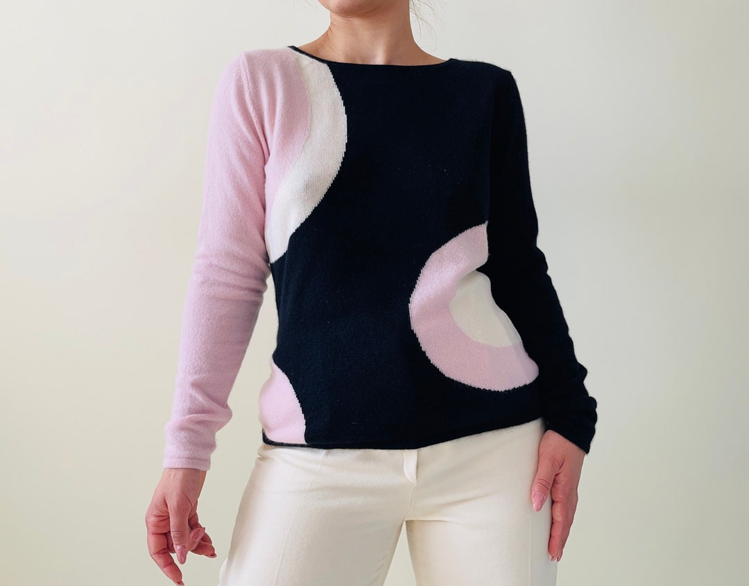 Vintage Bruno Manetti 100% Cashmere Black Sweater With Pink Abstract ...