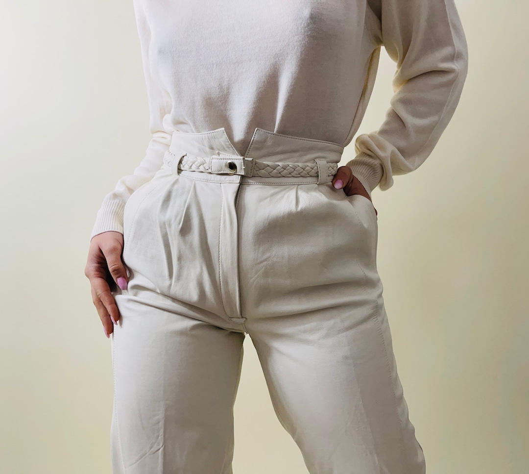 Vintage High Waisted Leather Pants, White Pleated Leather Trousers - Etsy