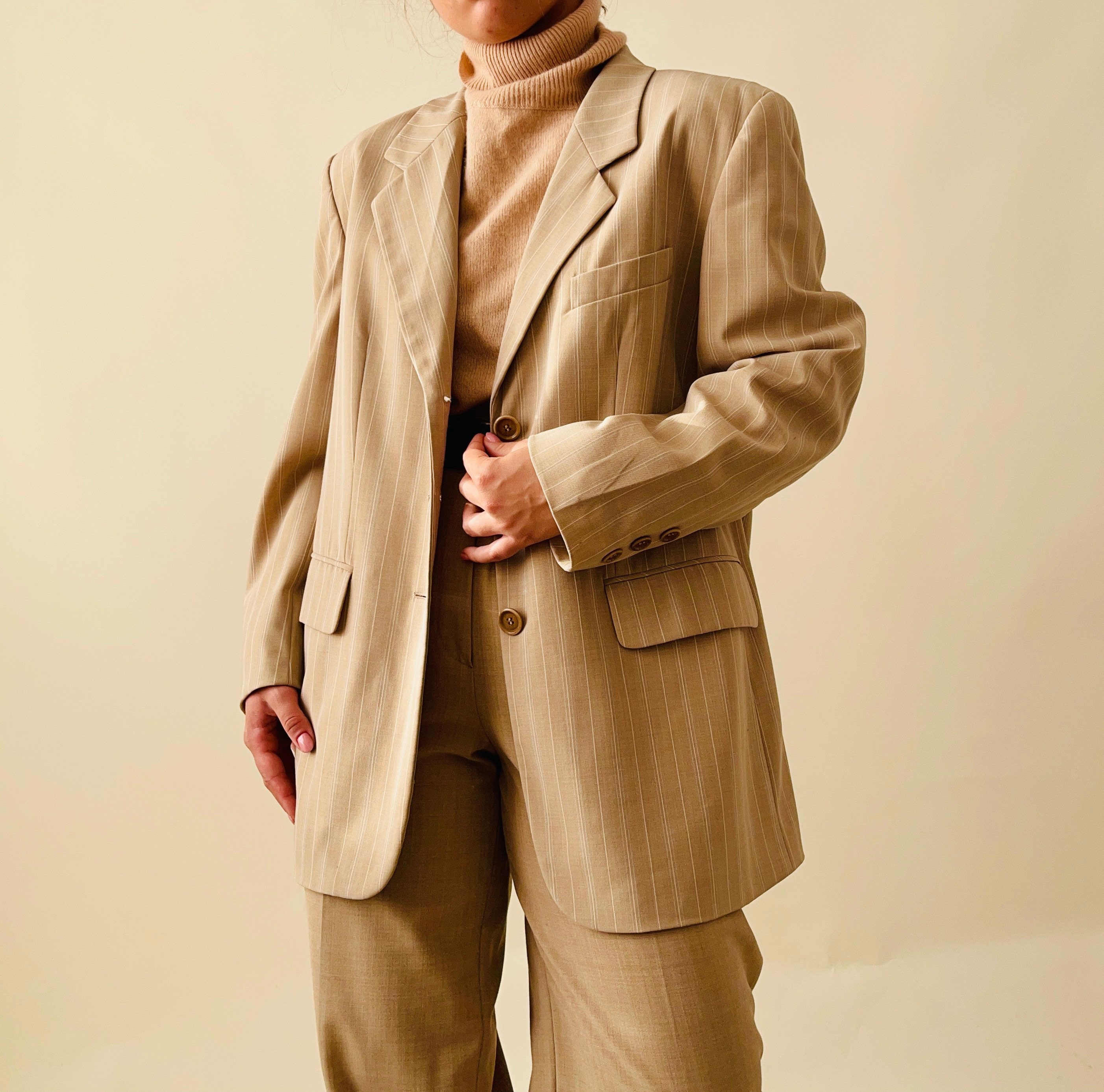 Vintage Wool Mix Beige Blazer With Blue Straps, Single Breasted ...