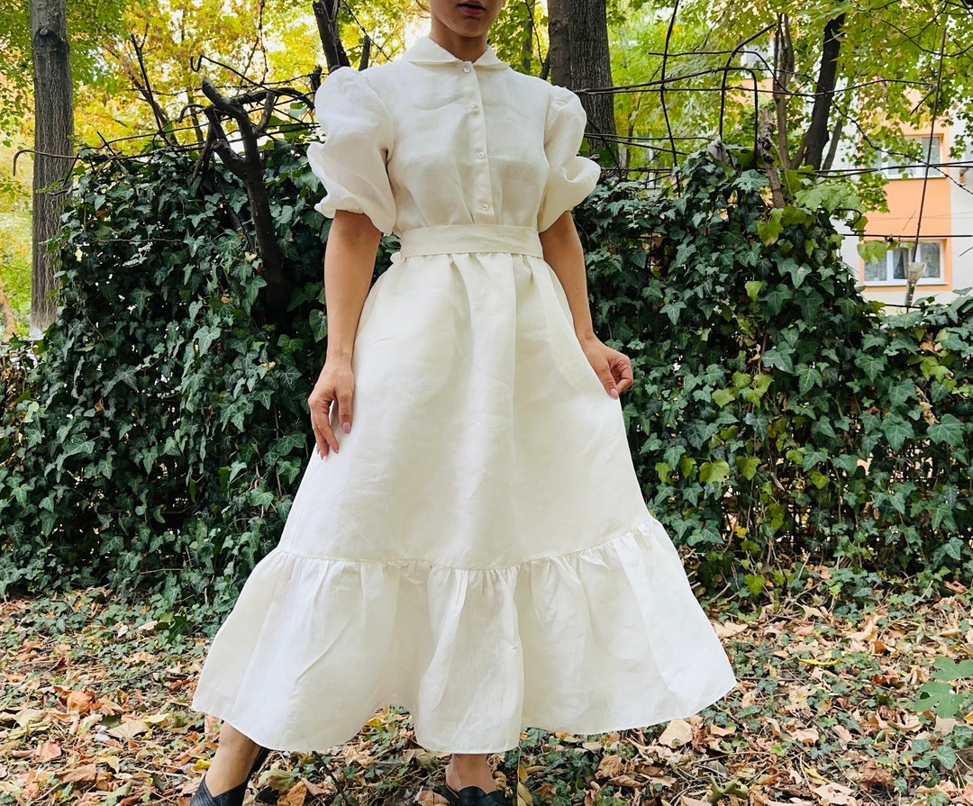 Linen Cottage Core Cream Dress, Puff Sleeve Midi Dress/ Cream Linen ...