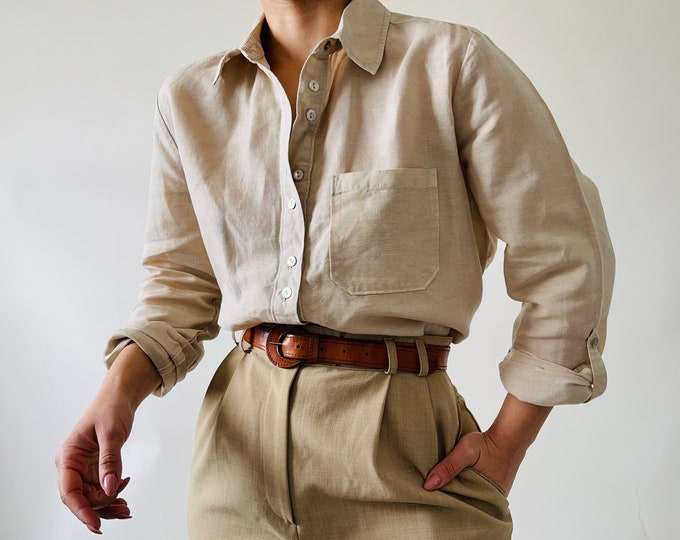 Vintage Beige Linen Button up Blouse, Wardrobe Essential Simpla Linen ...