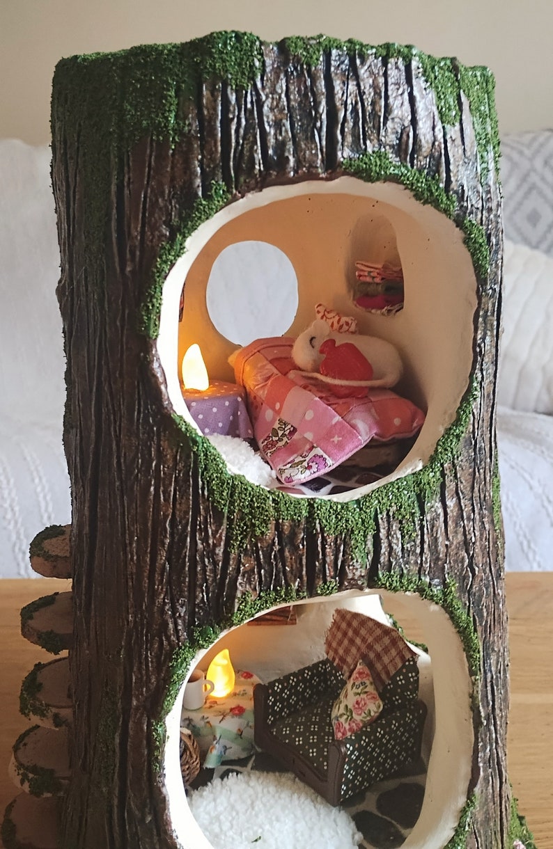 Tree Stump Mouse House With Pink Roses Handmade Fairy Tree House ...