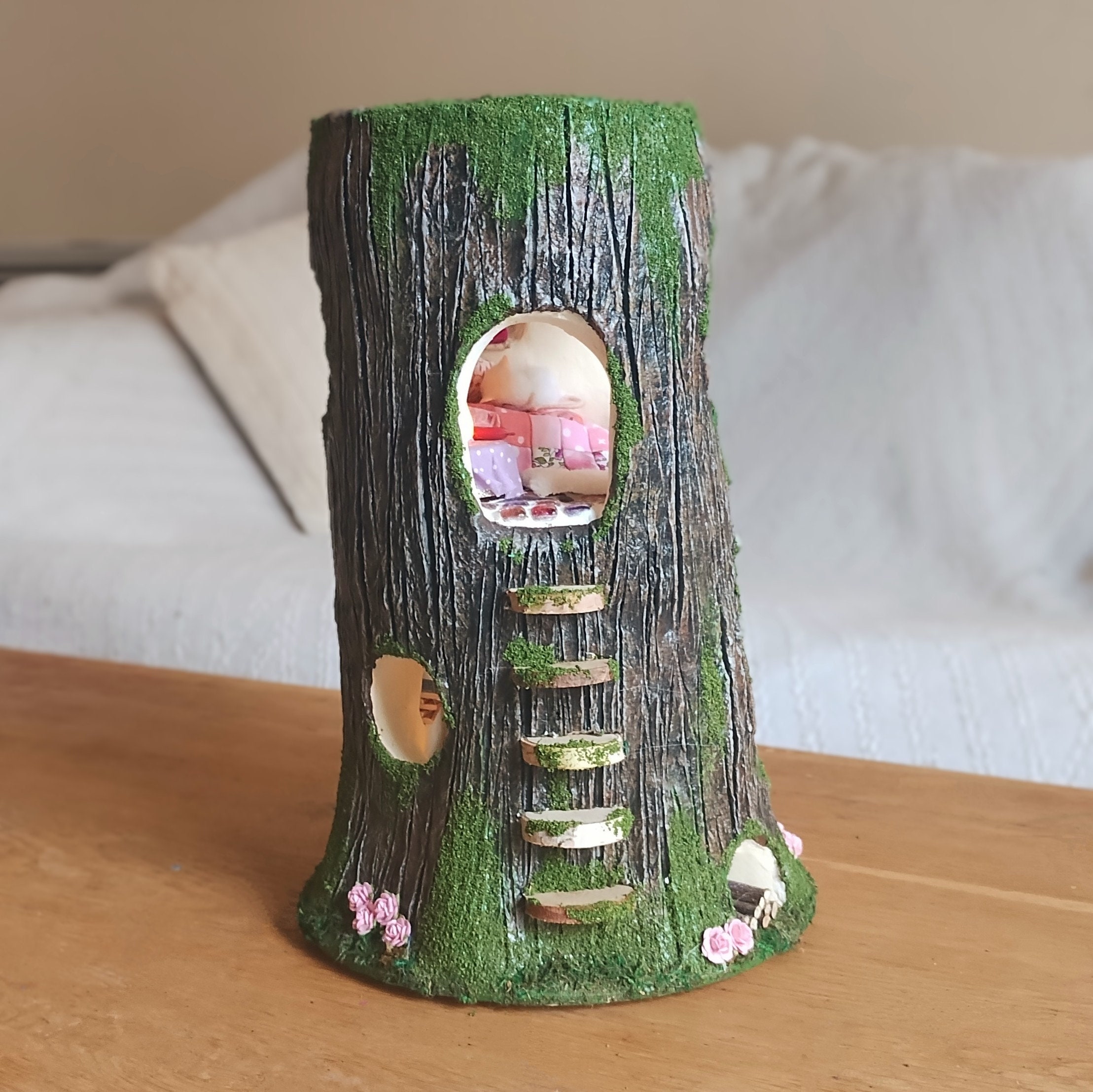 Tree Stump Mouse House With Pink Roses Handmade Fairy Tree House ...