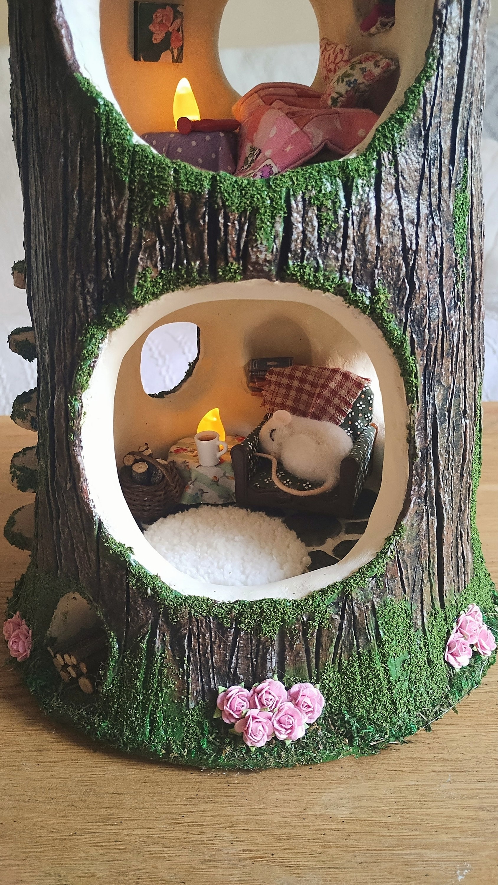 Tree Stump Mouse House With Pink Roses Handmade Fairy Tree House ...
