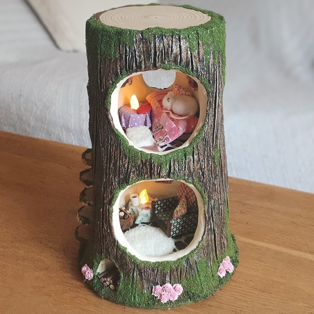 Tree Stump Mouse House With Pink Roses Handmade Fairy Tree House ...